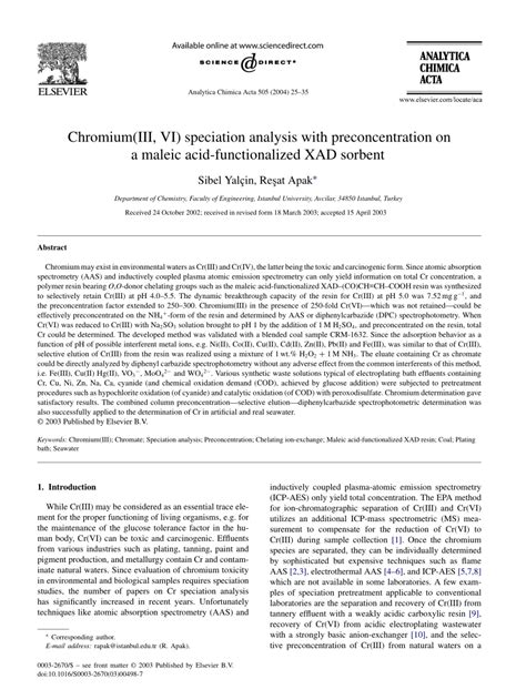 Pdf Chromium Iii Vi Speciation Analysis With Preconcentration On A Maleic Acid
