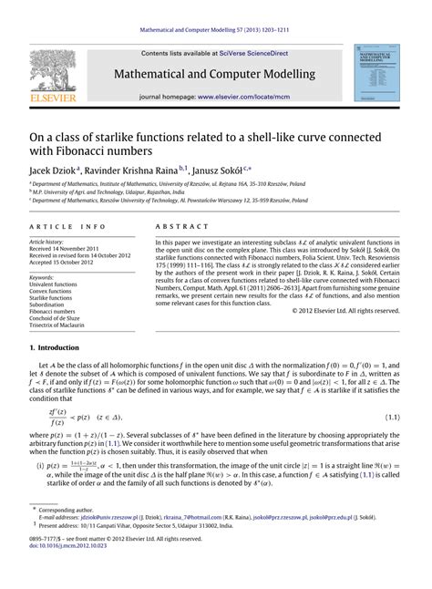 Pdf On A Class Of Starlike Functions Related To A Shell Like Curve Connected With Fibonacci