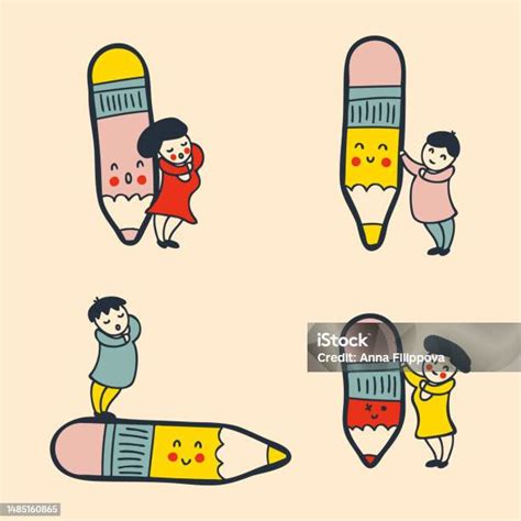 거대한 연필 컬렉션을 가진 만화 서 있는 사람들 그리기 쓰기 만들기 디자인 블로깅 개념 손으로 그린 벡터 그림입니다 개념에 대한