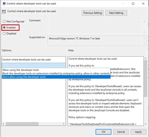 how to disable developer tools in microsoft edge using registry or