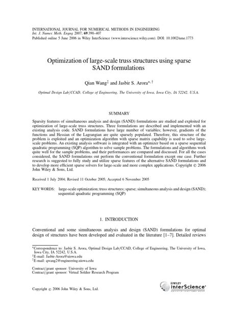 Q Wang J S Arora Optimization Of Large Scale Truss Structures Using Sparse Sand Formulations