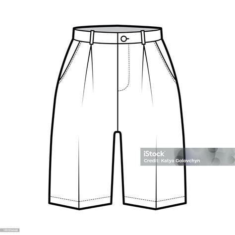 짧은 버뮤다 드레스 팬츠 기술 패션 일러스트와 위 무릎 길이 싱글 플리트 정상 허리 고층 0명에 대한 스톡 벡터 아트 및 기타 이미지 Istock
