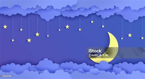 종이 컷 스타일의 밤 하늘 로프와 달 종이 컷 예술에 별과 파란색 흐린 풍경 3d 배경 귀여운 골판지 종이 접기 구름입니다 소원