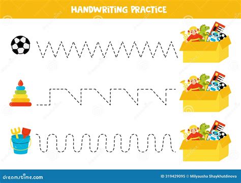 Tracing Lines with Cute Cartoon Toys and Box. Writing Practice. Stock ...
