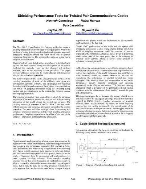 Shielding Performance Tests For Twisted Pair Communications Cables