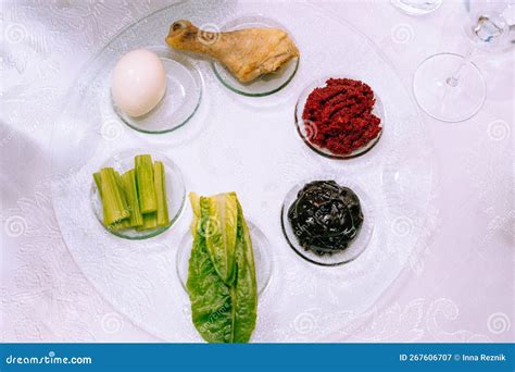 Traditional Passover Seder Plate With Symbolic Meal For Passover Or
