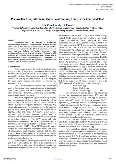 Pdf Photovoltaic Array Maximum Power Point Tracking Using Fuzzy Control Method