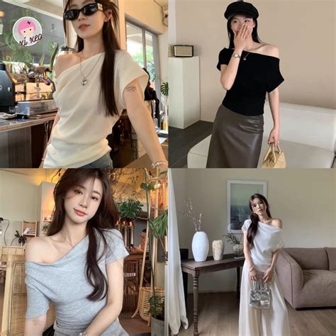 Áo thun lệch vai cộc tay nhún eo tăm lông thỏ xixeoshop A40 Shopee Việt Nam