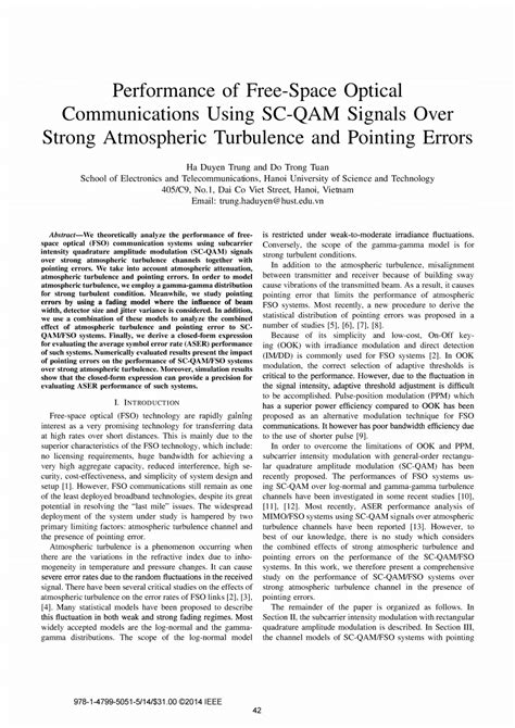 Pdf Performance Of Free Space Optical Communications Using Sc Qam Signals Over Strong