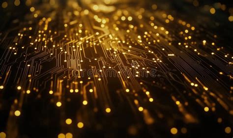 Golden Circuit Board Design With Glowing Lights And Intricate Patterns Representing Technology