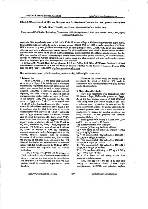 Pdf Effect Of Different Levels Of Npk And Micronutrients Fertilization On Yield And Nutrient