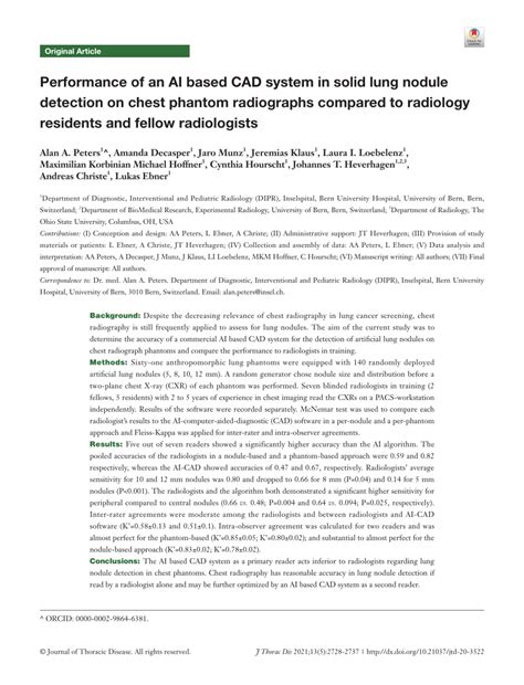 PDF Performance Of An AI Based CAD System In Solid Lung Nodule Detection On Chest Phantom