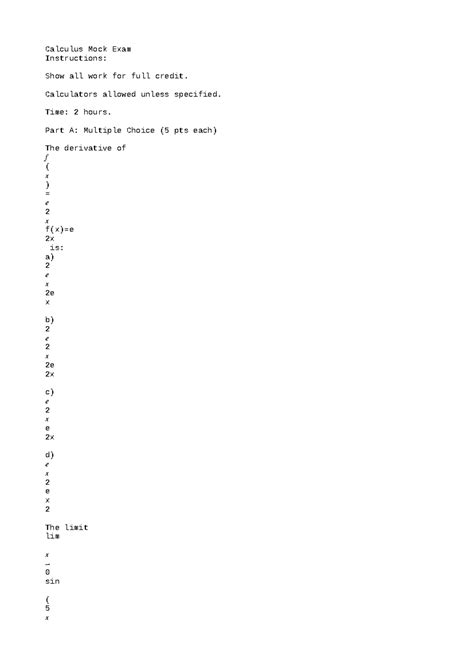 Calculus Mock Exam Instructions And Questions Calc 101 Studocu
