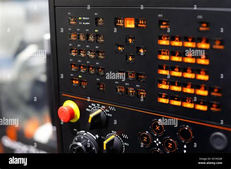 Switches And Backlit Buttons On The Control Panel Of The CNC Machining Center Selective Focus