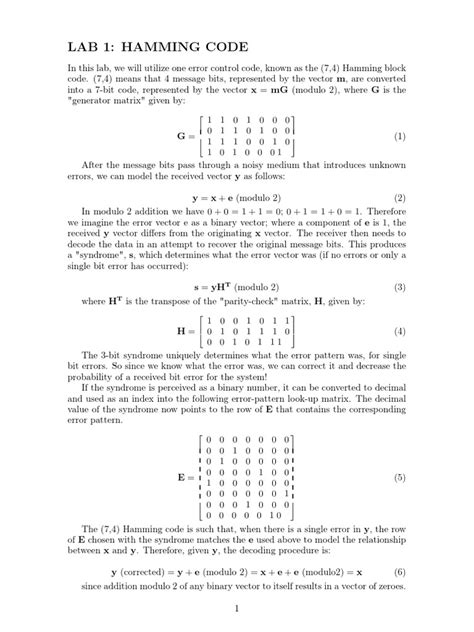 Lab 1 Hamming Code Pdf Euclidean Vector Bit