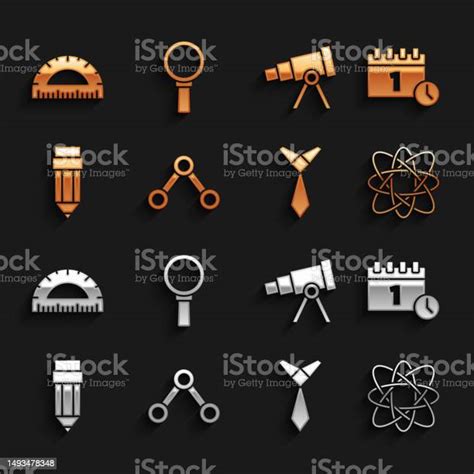 분자 달력 첫 번째 9월 날짜 원자 넥타이 지우개가 있는 연필 망원경 각도기 및 돋보기 아이콘을 설정합니다 벡터 1에 대한 스톡