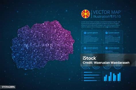 북마케도니아 지도 인포그래픽 템플릿은 다이어그램 그래프 프리젠테이션 및 파란색 배경에 추상적인 기하학적 메쉬 다각형 조명 개념이 있는 차트입니다 0명에 대한 스톡 벡터 아트