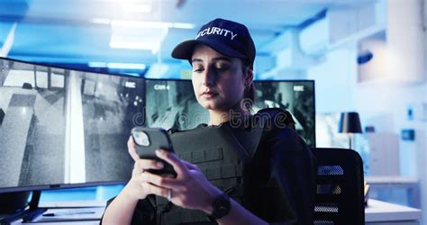 Security Dispatch Police Or Woman With Walkie Talkie For Communication To Monitor Cctv Or