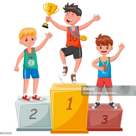 우승 트로피를 들고 우승 연단에 서 있는 세 명의 랭킹 우승 아이들 벡터 그림 1위에 대한 스톡 벡터 아트 및 기타 이미지 1위 3위 경쟁 Istock