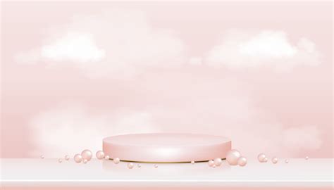 핑크 파스텔과 옐로우 골드 스탠드에 진주와 푹신한 구름이 있는 3d 쇼케이스 디스플레이 핑크 스카이 배경의 벡터 사실적인 연단 화장품 또는 미용 제품을 위한 일러스트