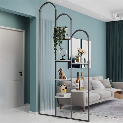 Glam Freestanding Glass Room Divider With Iron Frame And Shelves