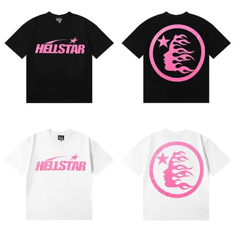 Chic Mens Hellstar Pink Flame Graphic Tee Oversized Hip Hop Streetwear