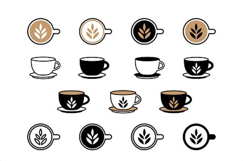 커피 컵 아이콘 세트입니다 라떼 아트 커피 아이콘입니다 커피 컵 뜨거운 음료 아이콘 컬렉션입니다 평면도 및 측면도 기호입니다 블랙과 초콜릿 색상 벡터 그림입니다 0명에 대한