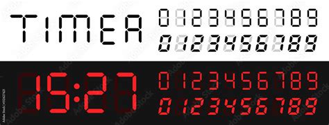 Digital led numbers set. Electronic clock. Red digital clock. Digital display font. Clock and ...