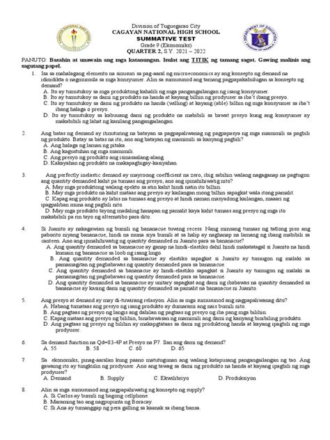 Summative Test With Tos 2nd Quarterekonomiks Pdf