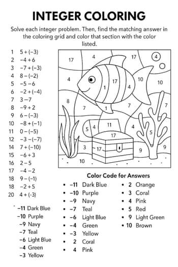 Integer Coloring Worksheet Addition And Subtraction Of Integers Color