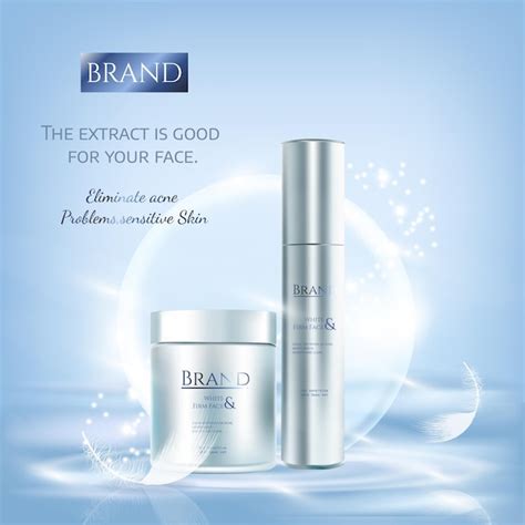 현실적인 스킨 케어 크림 튜브 혈청 용기 화장품 연한 파란색 배경 부드러운 거품 및 흰색 깃털 고급 화장품 벡터 일러스트 레이 션을 홍보하기 위해 브랜딩을위한 3d