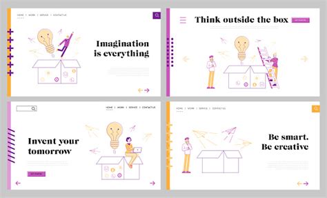 방문 페이지 템플릿 세트를 외부에서 생각해 보십시오 전구와 거대한 판지 상자의 주위에 작은 문자 종이 비행기 밖으로 비행하고