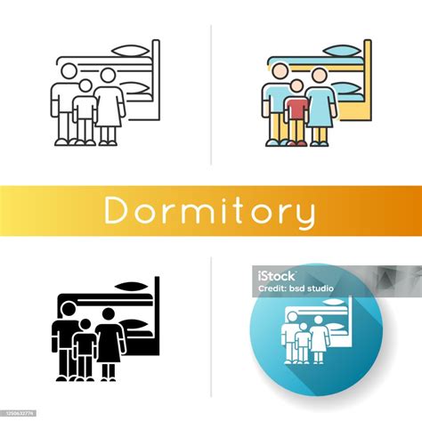 가족 기숙사 아이콘 공용 도미토리 룸 공용 침실 숙박 시설 이층 침대 호스텔 리니어 블랙 및 Rgb 색상 스타일 선형 검정 색 및 Rgb 색상 스타일 격리된 벡터 그림