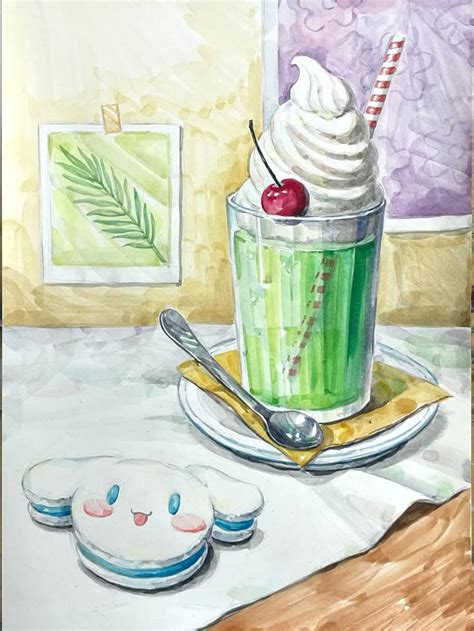 초등 정물 수채화 시나모롤 마카롱과 메론소다