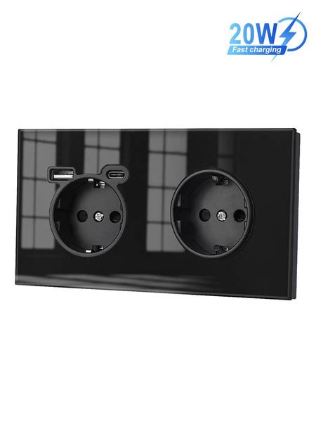 Розетка электрическая 2 поста с Usb и Type C Type C 20 Вт быстрой зарядки закаленное стекло