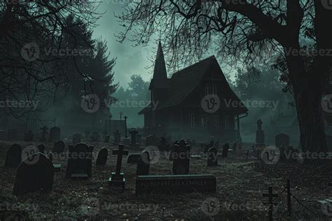 Spooky Graveyard Scene Enveloped In Fog Featuring Haunted House And