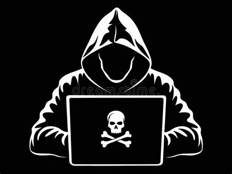Mysterious Hacker In Hoodie With Skull And Crossbones On Laptop Screen