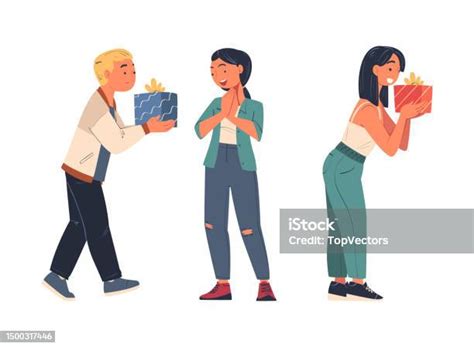 행복한 남자와 여자 캐릭터는 휴일 축하 벡터 세트를 위한 선물 상자를 준다 개체 그룹에 대한 스톡 벡터 아트 및 기타 이미지 개체 그룹 공유 개념 공휴일 Istock