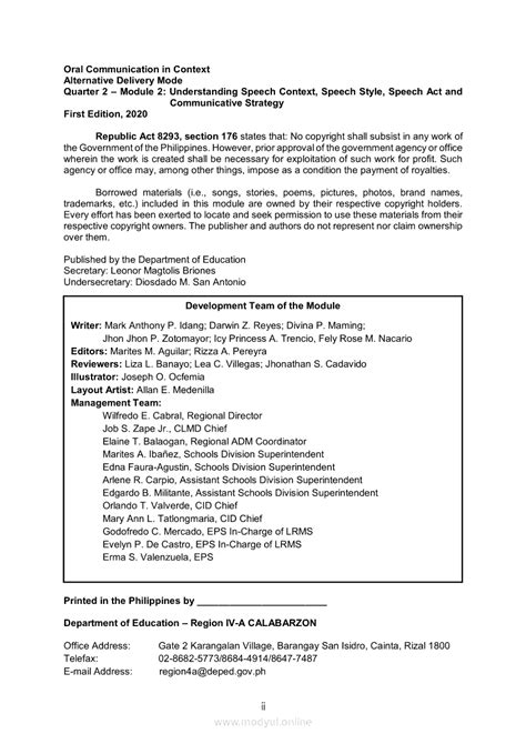 Oral Communication In Context Quarter 2 Module 2 Understanding