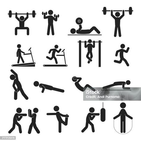 번들 세트 스포츠 픽토그램 체육관 피트니스 운동 훈련 유산소 스틱맨 활동 건강한 생활방식에 대한 스톡 벡터 아트 및 기타 이미지