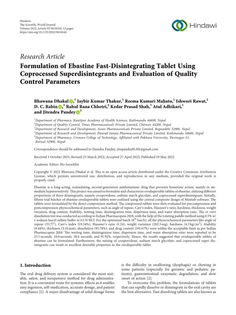 Pdf Formulation Of Ebastine Fast Disintegrating Tablet Using Coprocessed Superdisintegrants