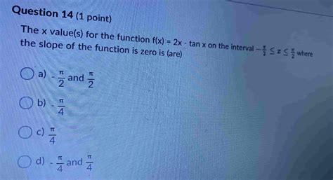 solved question 14 1 point the x value s for the function
