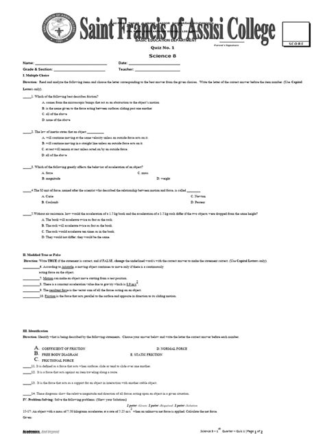 Science Quiz 1 Pdf Force Friction