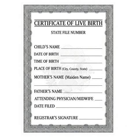 Certificate Of Live Birth With Ornate Border Contains Fields For State