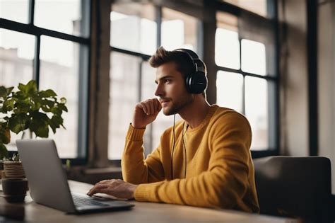 Premium Ai Image A Man Sits At A Desk With A Laptop And Headphones On His Ears