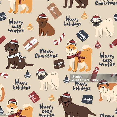 겨울에는 빨간 흰색 모자와 스카프 레터링 선물에 강아지의 매끄러운 패턴 래브라도 리트리버 푸들 강아지 불독 아키타 이누 퍼그