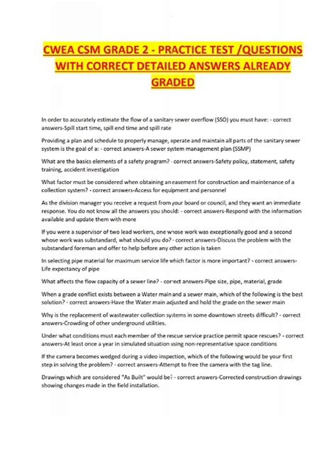 CWEA CSM GRADE PRACTICE TEST QUESTIONS WITH CORRECT DETAILED ANSWERS ALREADY GRADED CWEA