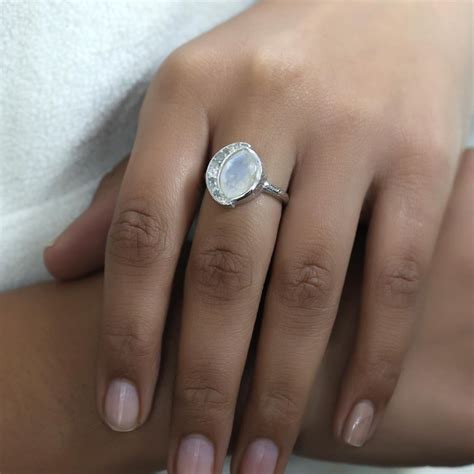 Crescent Moon Ring For Women Rainbow Moonstone Ring 925 Sterling