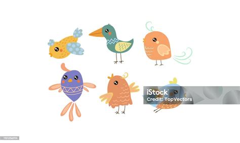 귀여운 작은 새의 평면 벡터 집합입니다 작은 날개가 있는 사랑 스러운 생물 어린이를 위한 그래픽 요소 책 새에 대한 스톡 벡터 아트 및 기타 이미지 Istock