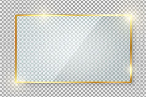 투명 한 배경에 격리 된 반사와 투명 골드 유리 배너 빈 광택 유리 접시 현실적인 사각형 유리 프레임입니다 정사각형 3d 빛나는 디스플레이 모형 창 디자인입니다 벡터 0명에